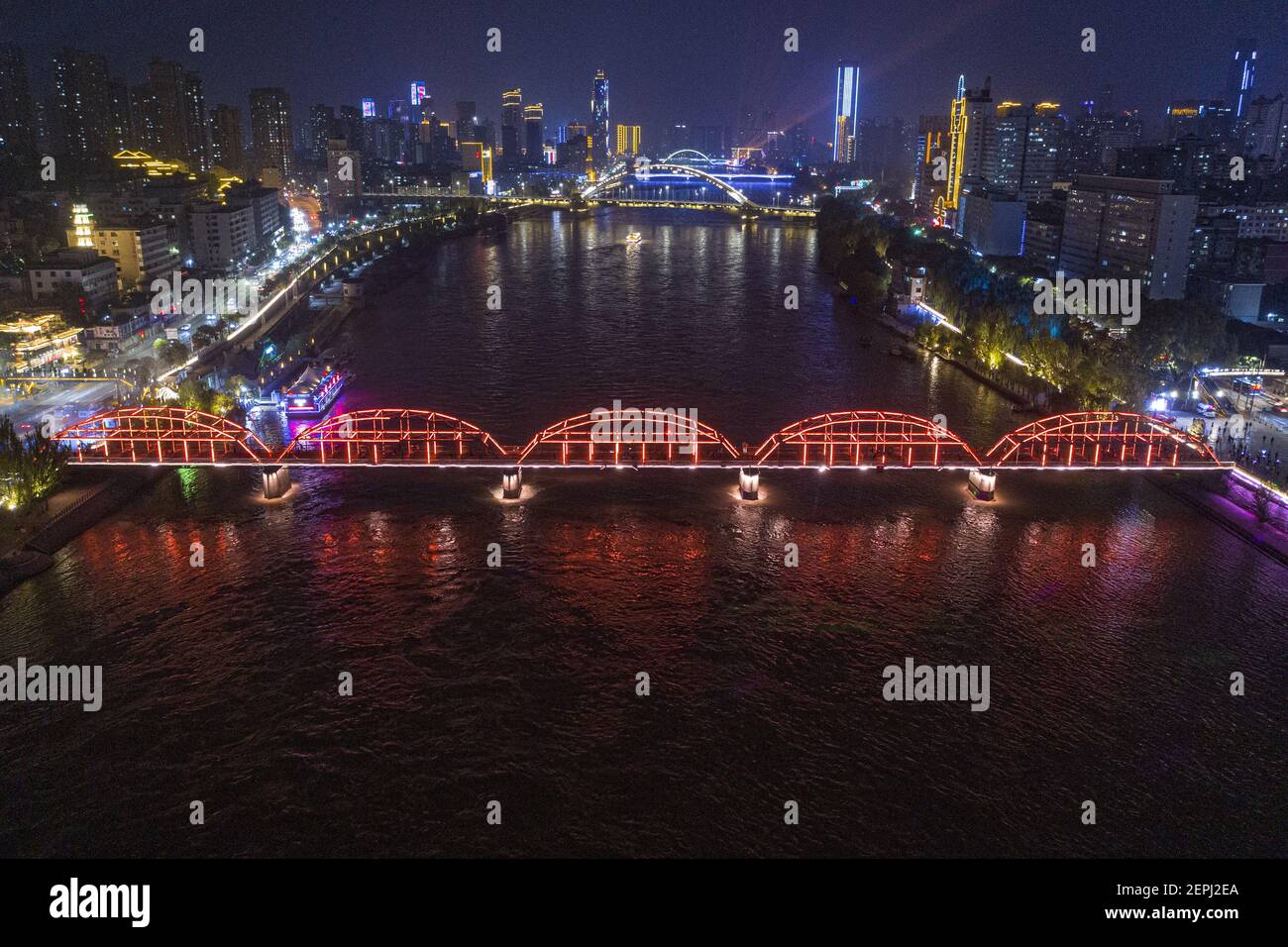 An aerial view of the first permanent bridge over the Yellow River ...