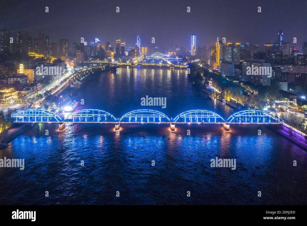 An aerial view of the first permanent bridge over the Yellow River ...
