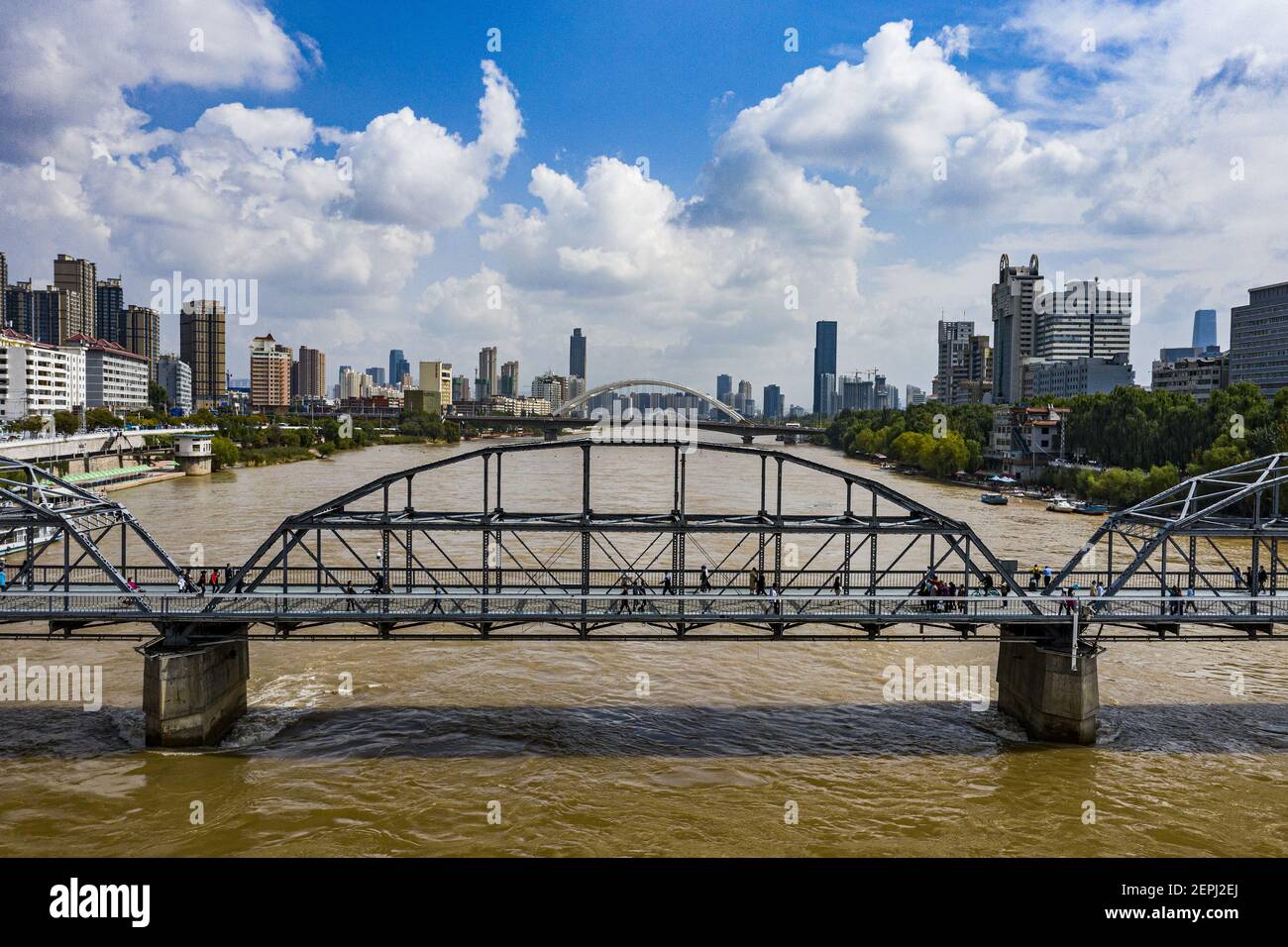 An aerial view of the first permanent bridge over the Yellow River ...