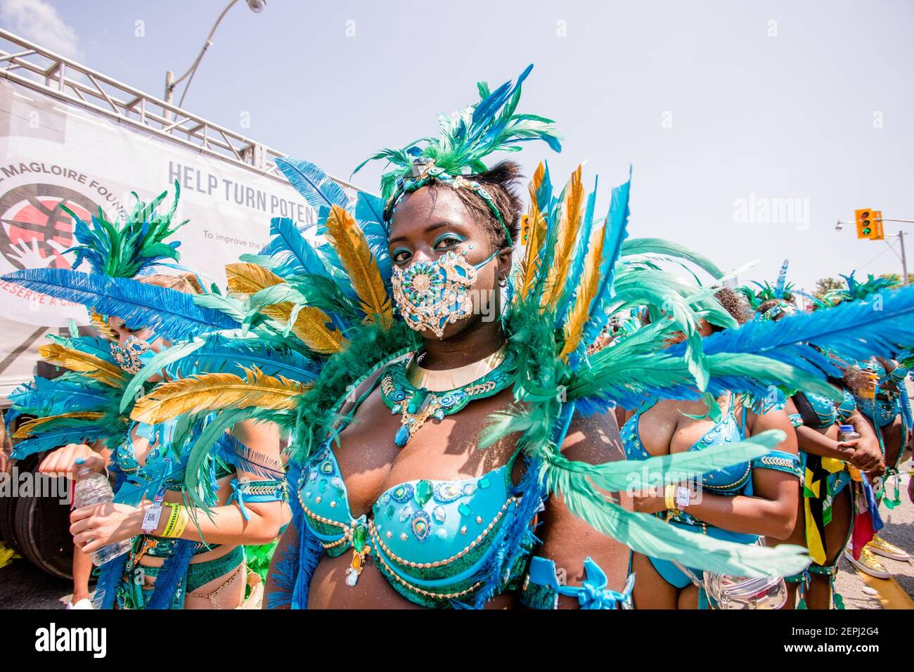 A participant parading in a colourful costume during the Toronto Caribbean Carnival Grand Parade ...