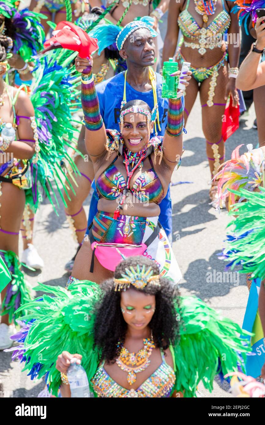 A participant parading in a colourful costume during the Toronto Caribbean Carnival Grand Parade ...