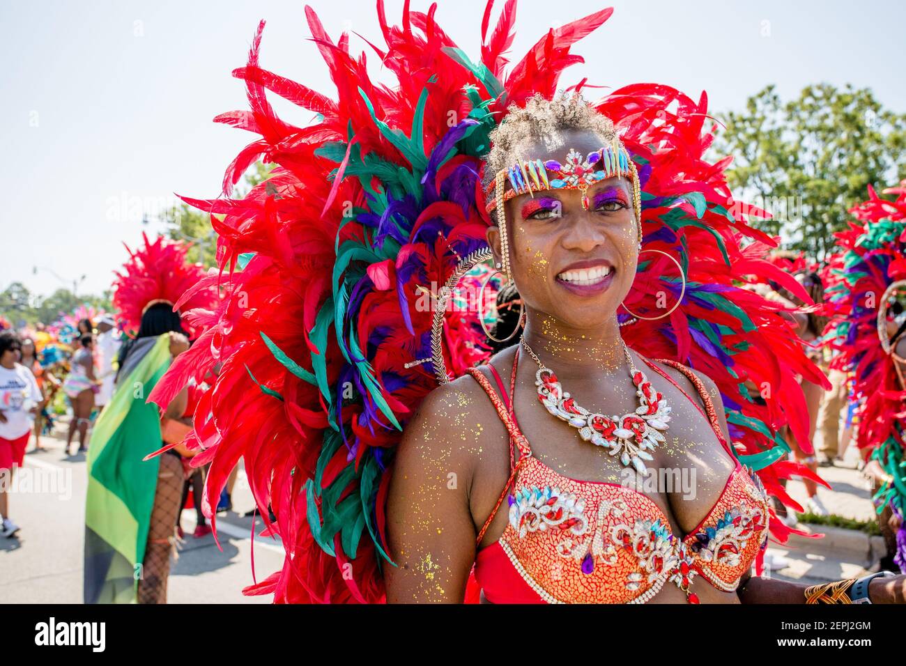 A participant parading in a colourful costume during the Toronto Caribbean Carnival Grand Parade ...