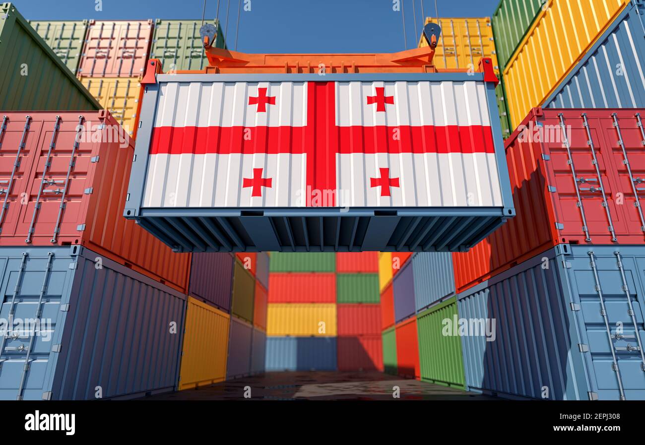 Container Terminal. Shipping Container with Georgia flag - 3D Rendering ...