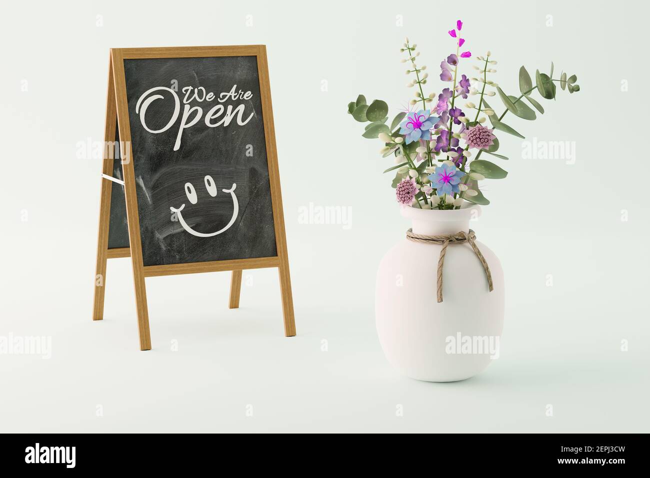 We are open chalk a board shop sign, 3D Illustration Stock Photo - Alamy