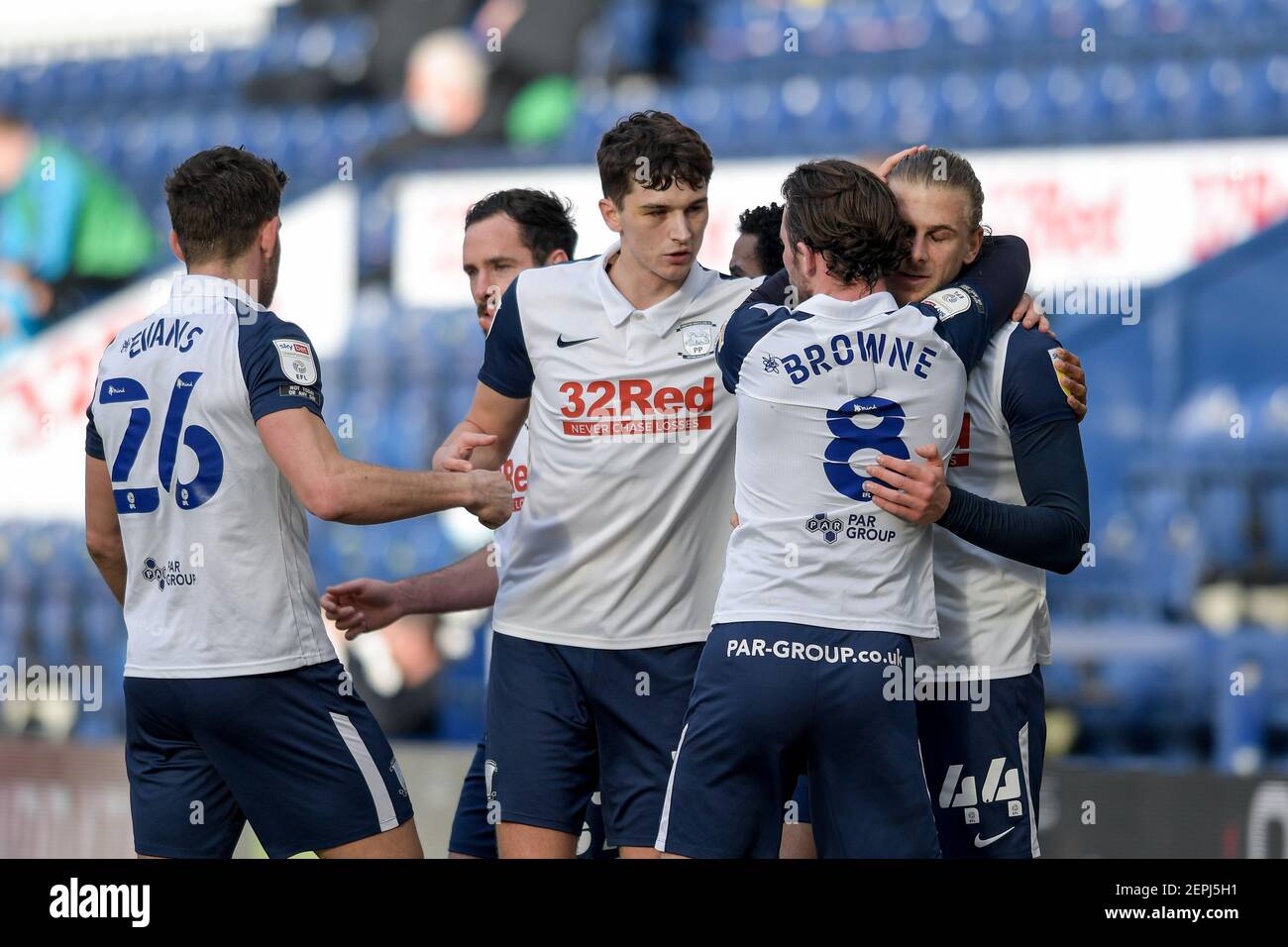 Brad Potts #44 of Preston North End celebrates scoring a goal with his ...