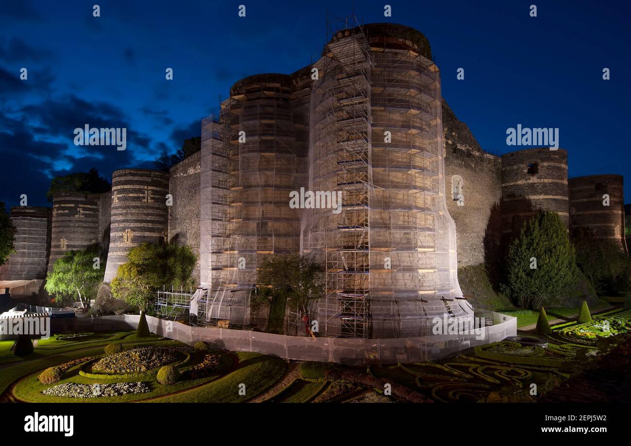 Exterior of Angers Castle at night , Angers city, Maine-et-Loire ...