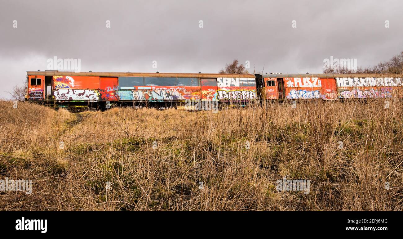 Graffiti on railway carriages at Hellifield Stock Photo - Alamy