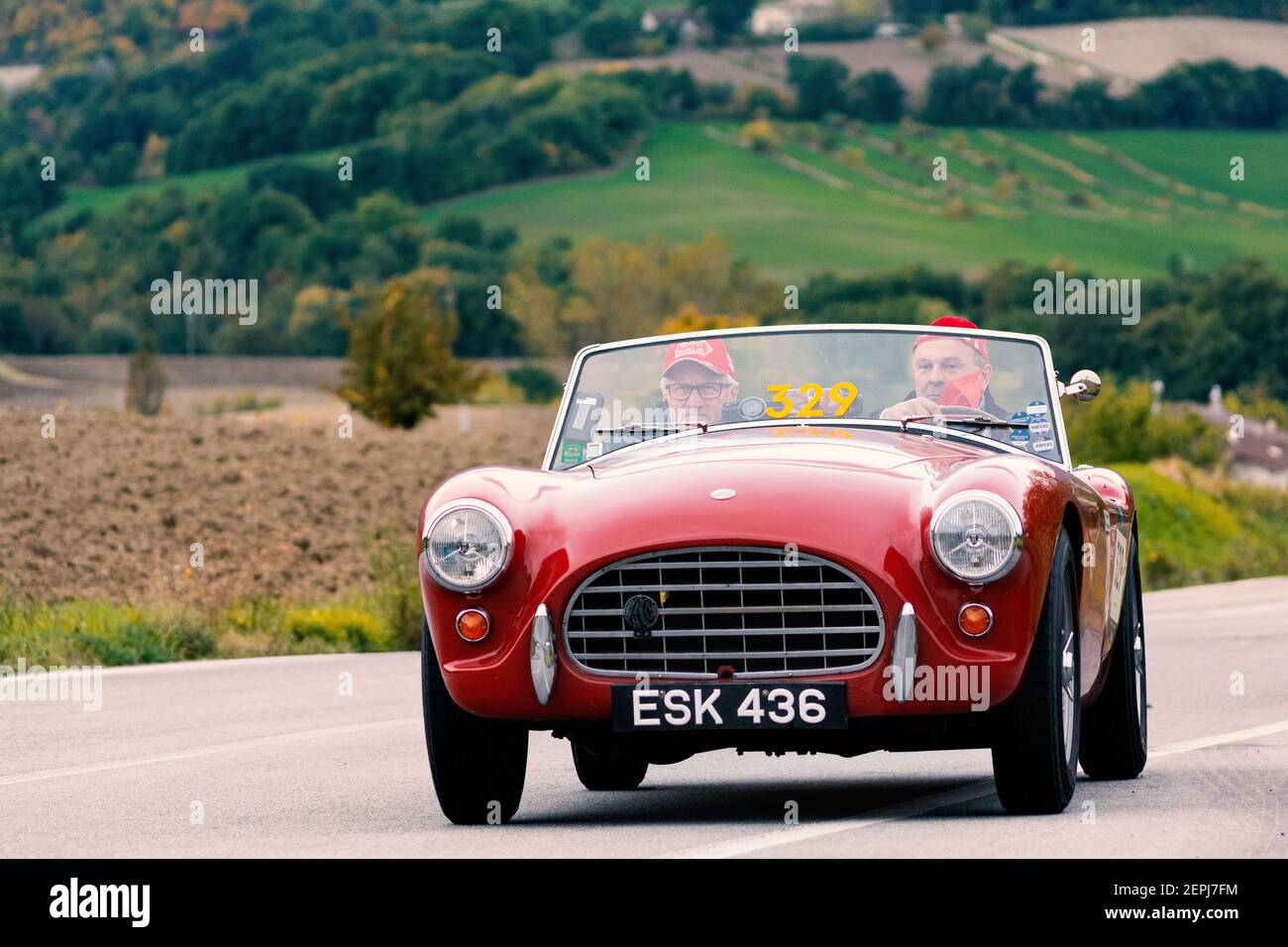 CAGLI , ITALY - OTT 24 - 2020 : AC ACE 1955 an old racing car in rally ...
