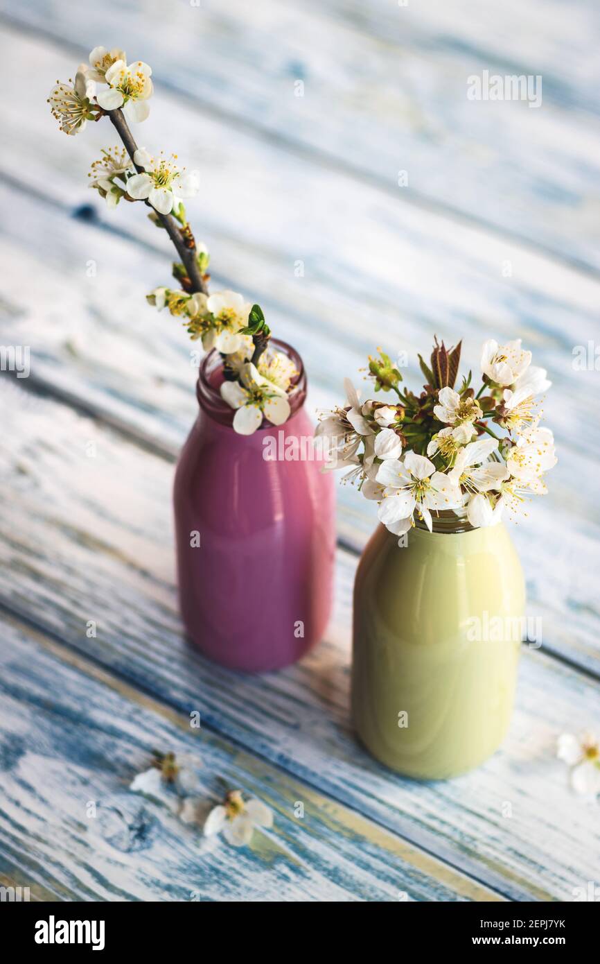 Flowering spring branch and petals in colorful bottles on white table ...