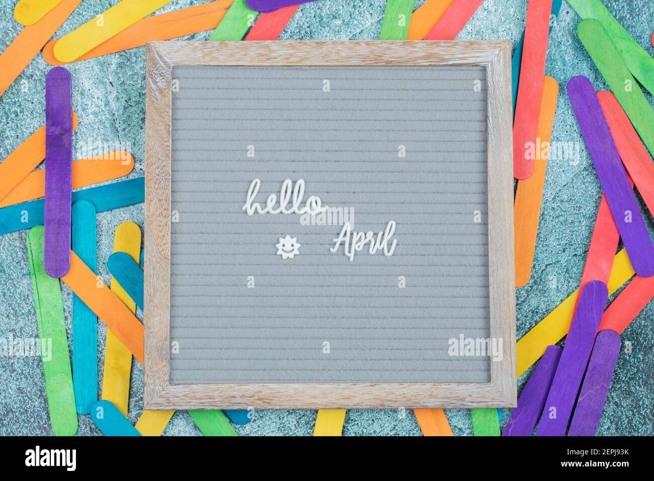 Happy april poster with colorful stickers around Stock Photo - Alamy