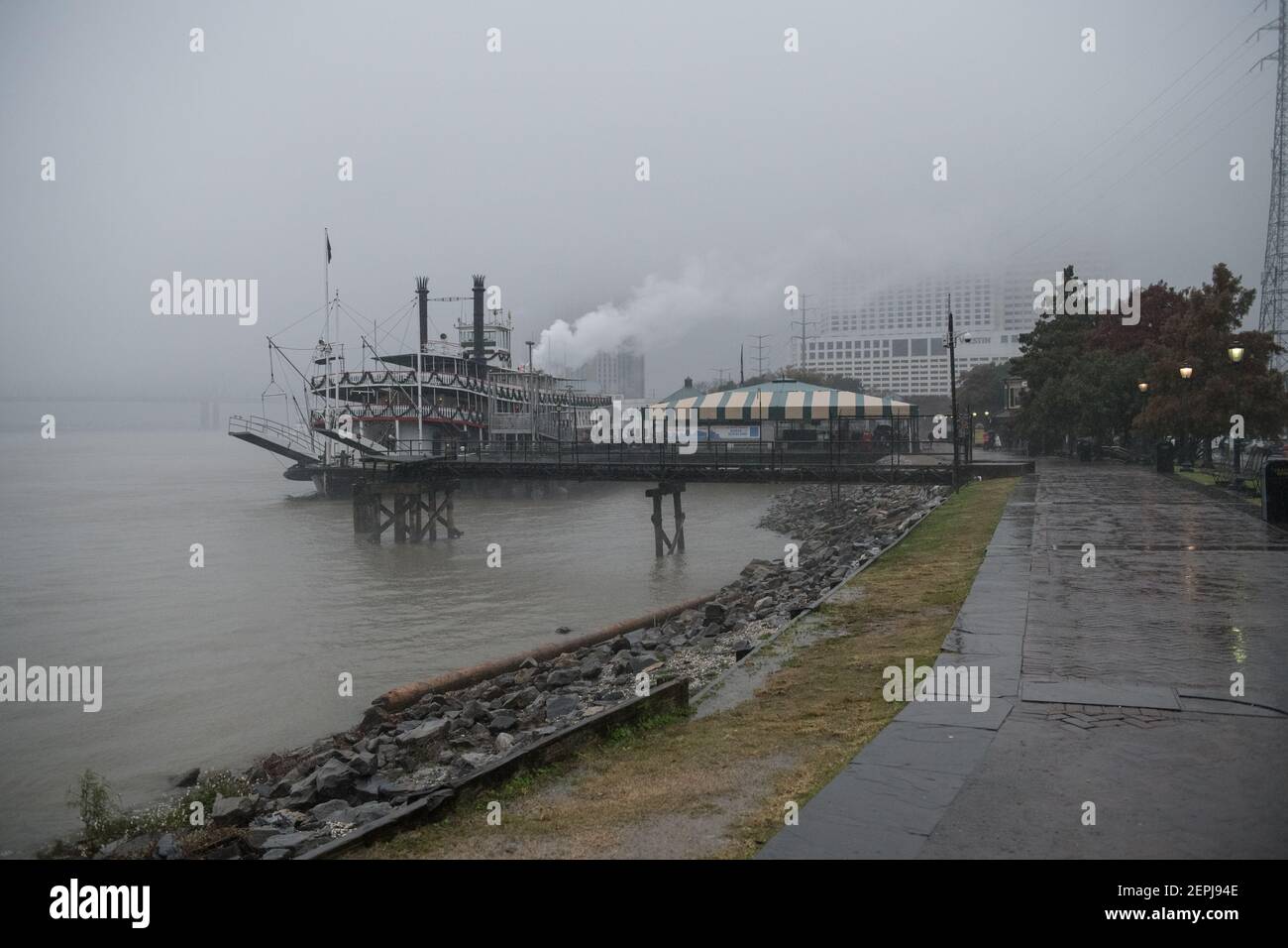 The historic Steamboat Natchez in the fog on the Mississippi River in ...