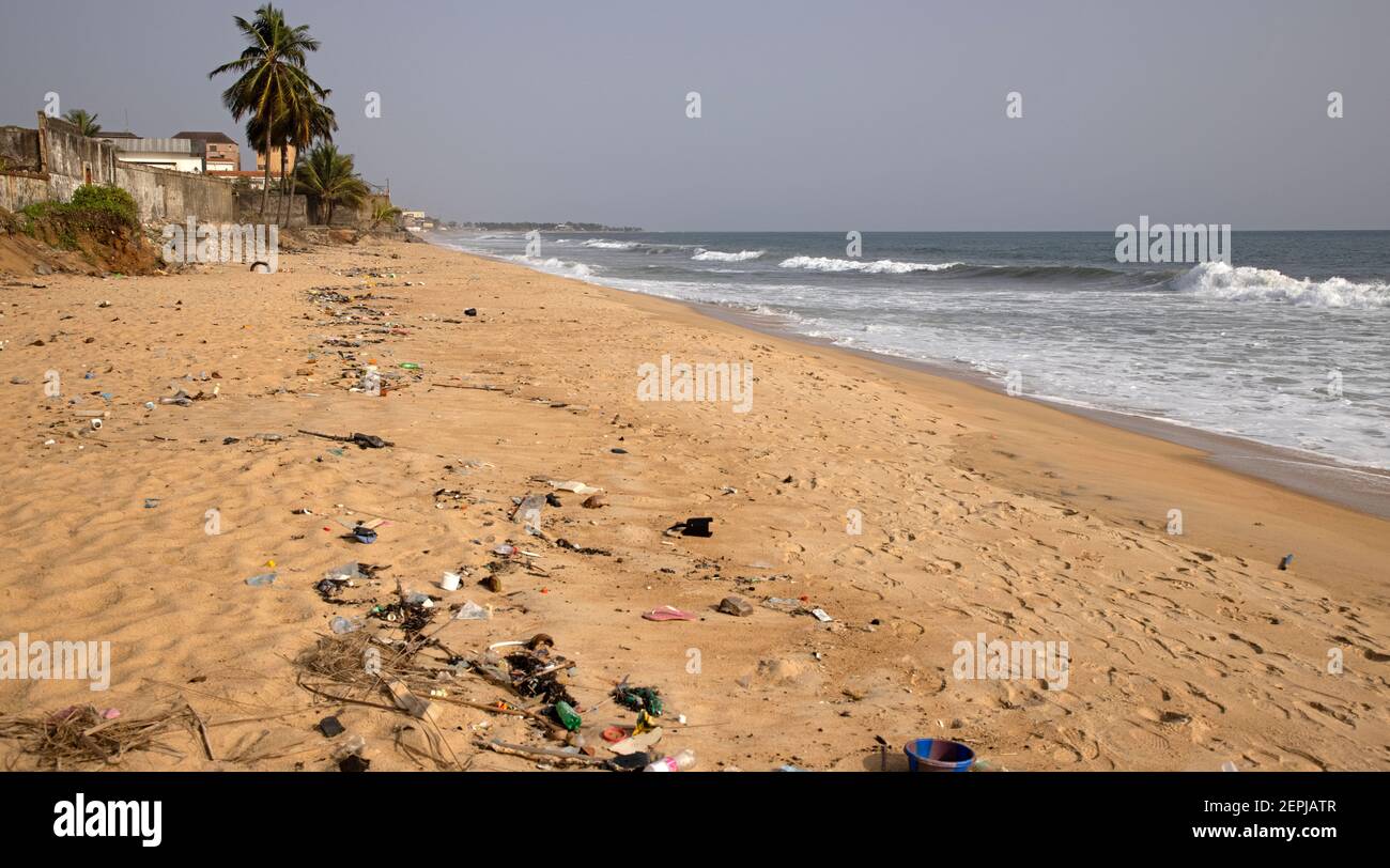 Monrovia Liberia Atlantic ocean beach trash pollution. Extreme poverty ...