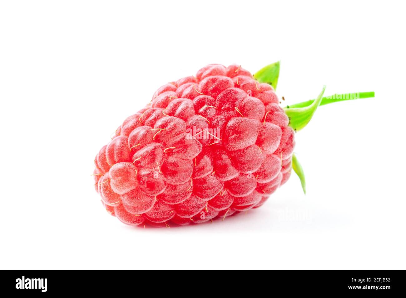 raspberry isolated on white. sweet fresh fruit with green stem and leaf ...