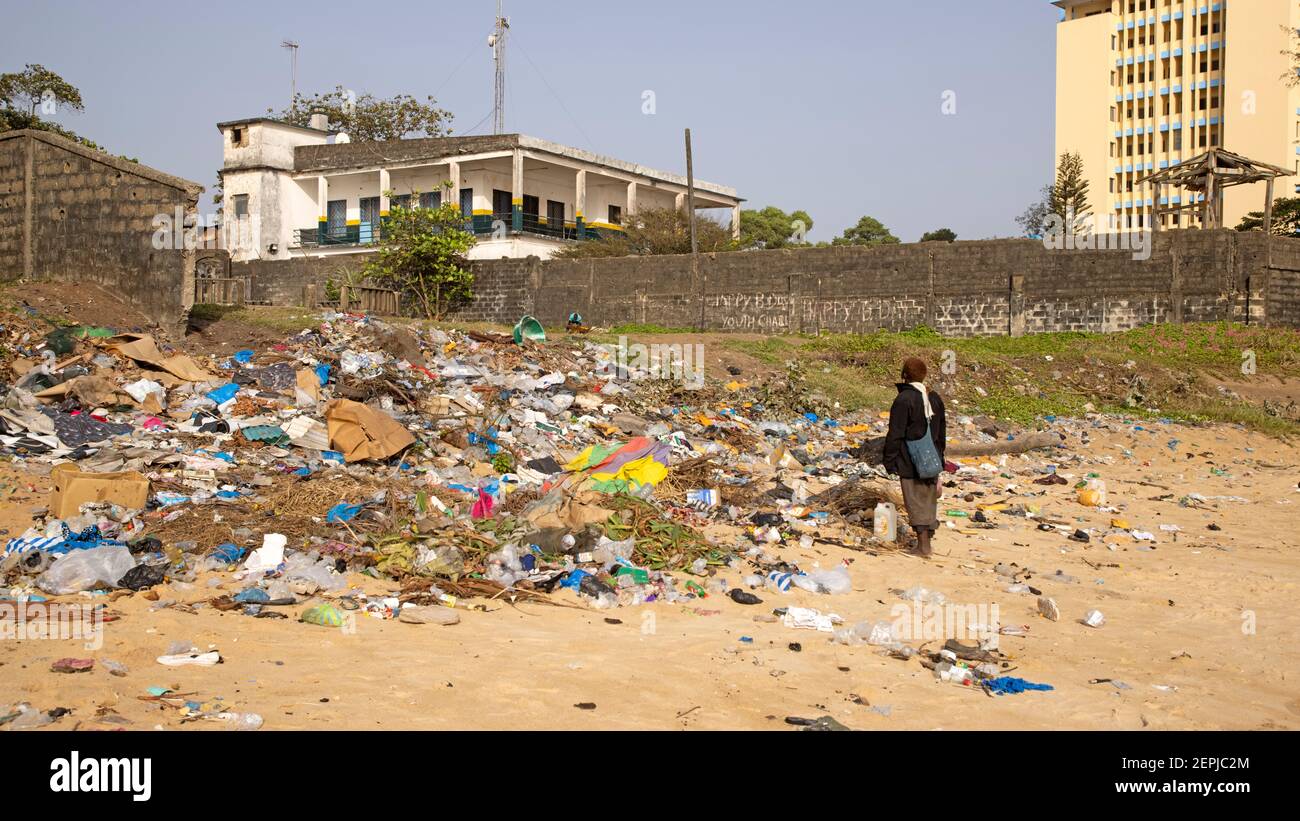 Monrovia Liberia Atlantic ocean beach trash pollution. Extreme poverty ...