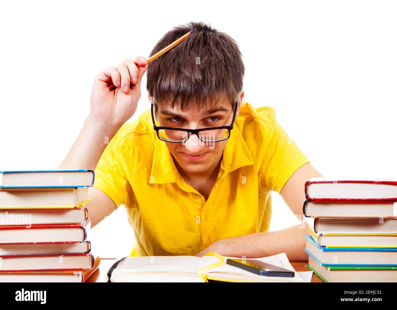 Student is thinking at the Writing Table on the White Background Stock ...