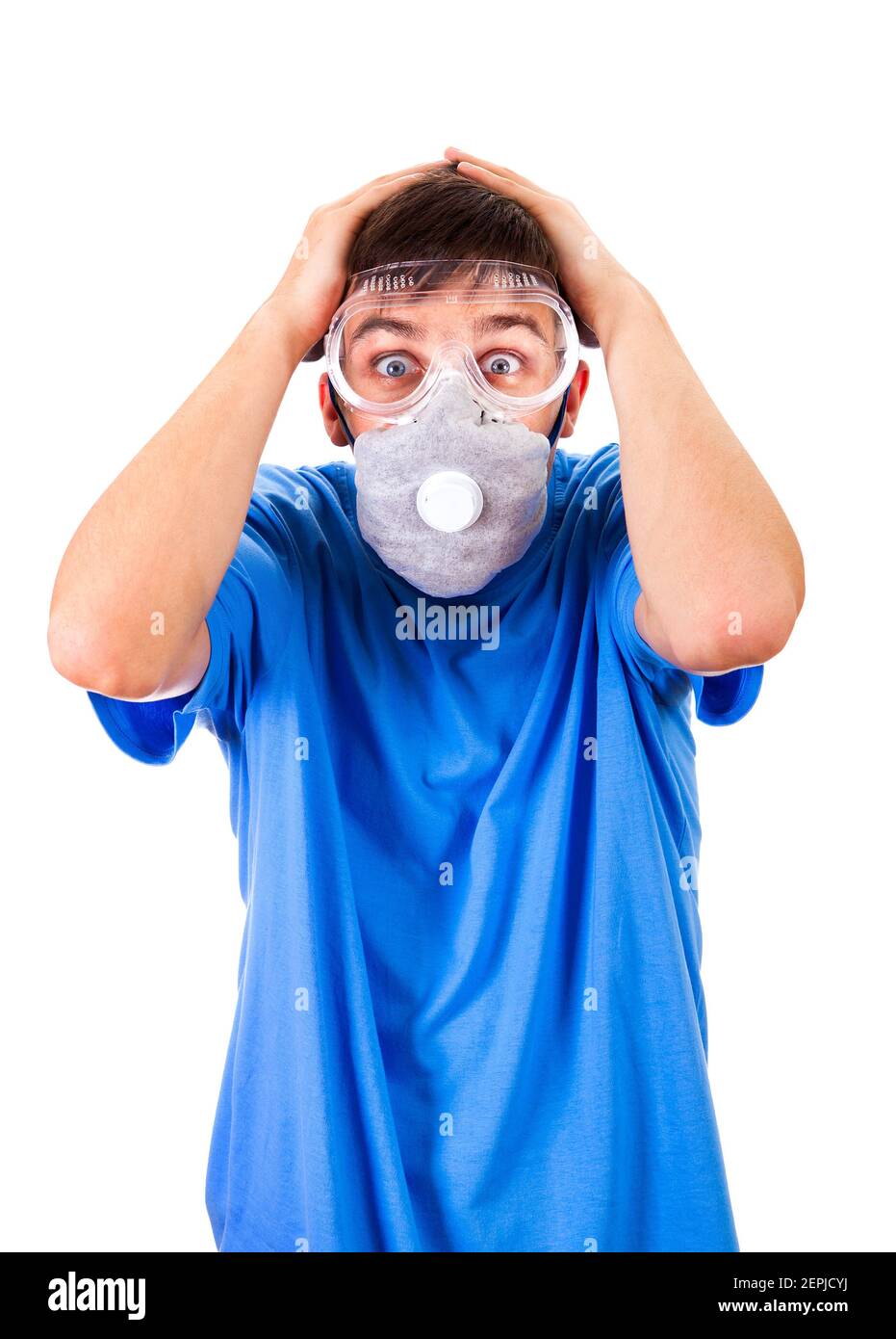 Shocked Young Man in Gas Mask on the White Background closeup Stock ...