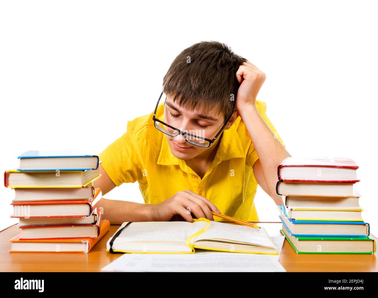 Tired Student at the Writing Table on the White Background Stock Photo ...