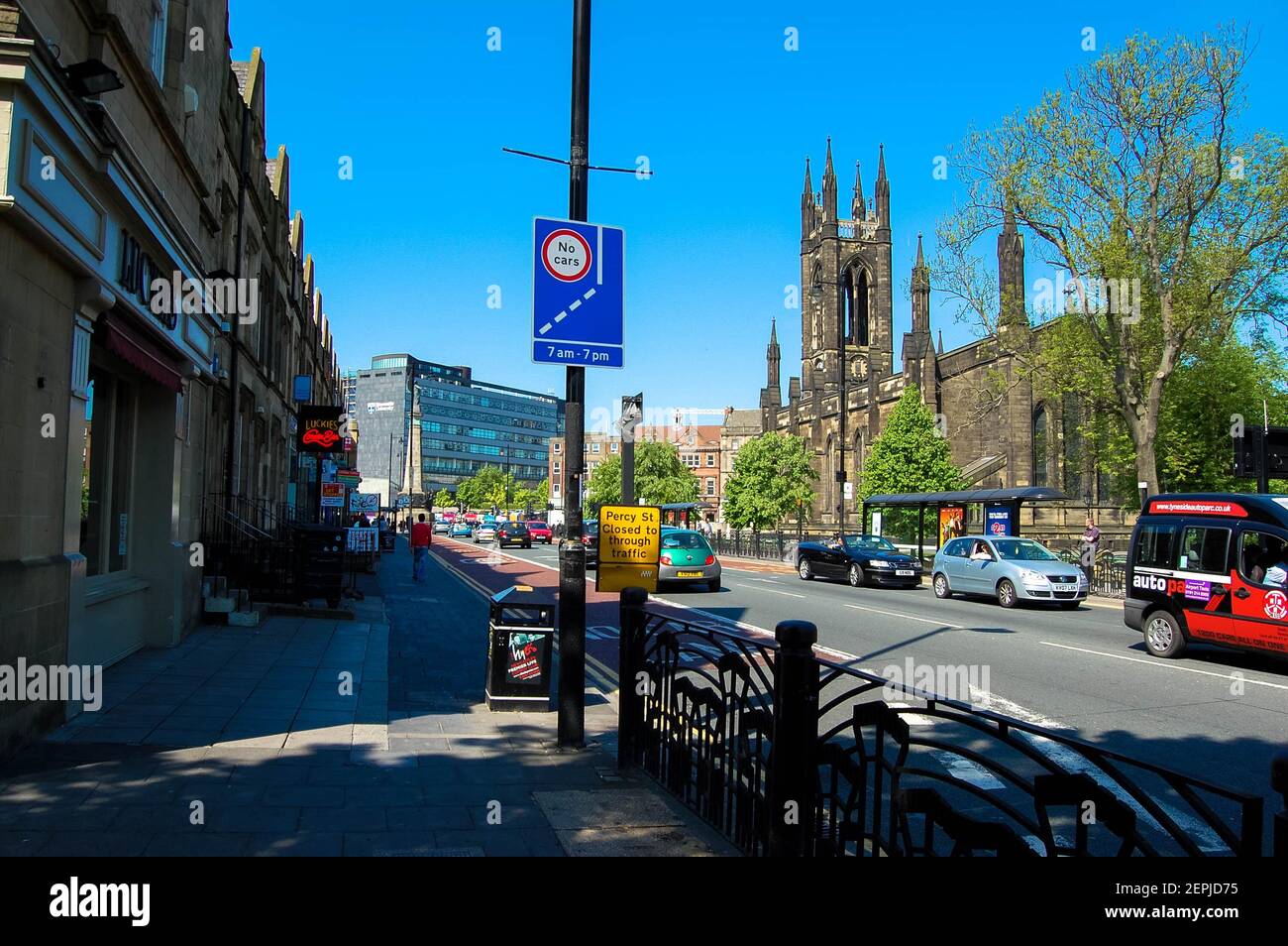 Newcastle Cathedral road sign no cars tower historic history old style ...