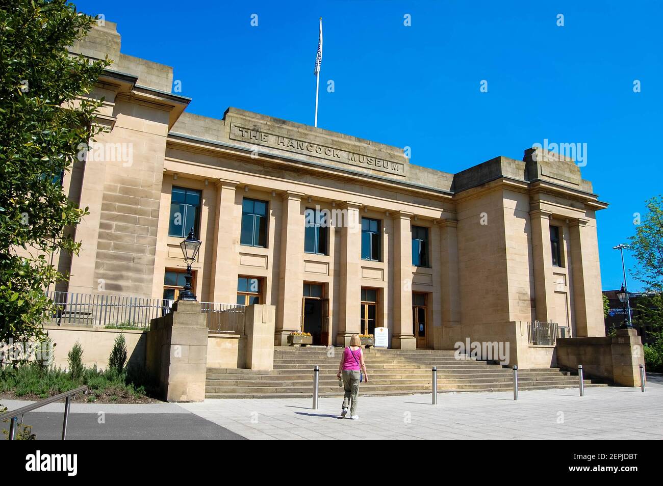 Steps and flag to the Hancock Museum Newcastle UK Stock Photo - Alamy
