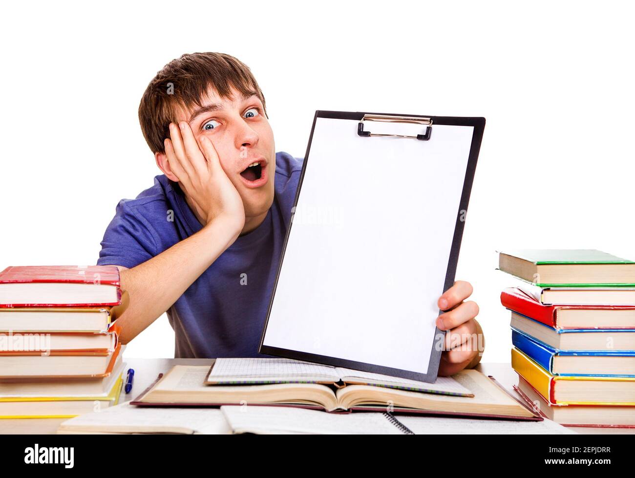 Surprised Student with a Clipboard on the School Desk Stock Photo - Alamy