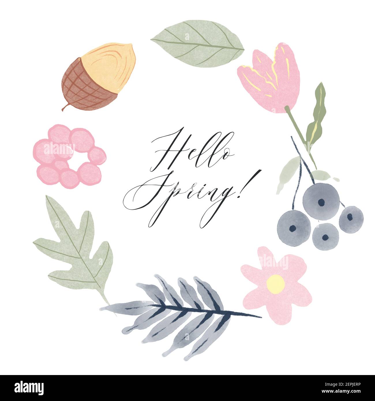floral card with wreath from flowers, leaves, cute birds and text Hello ...