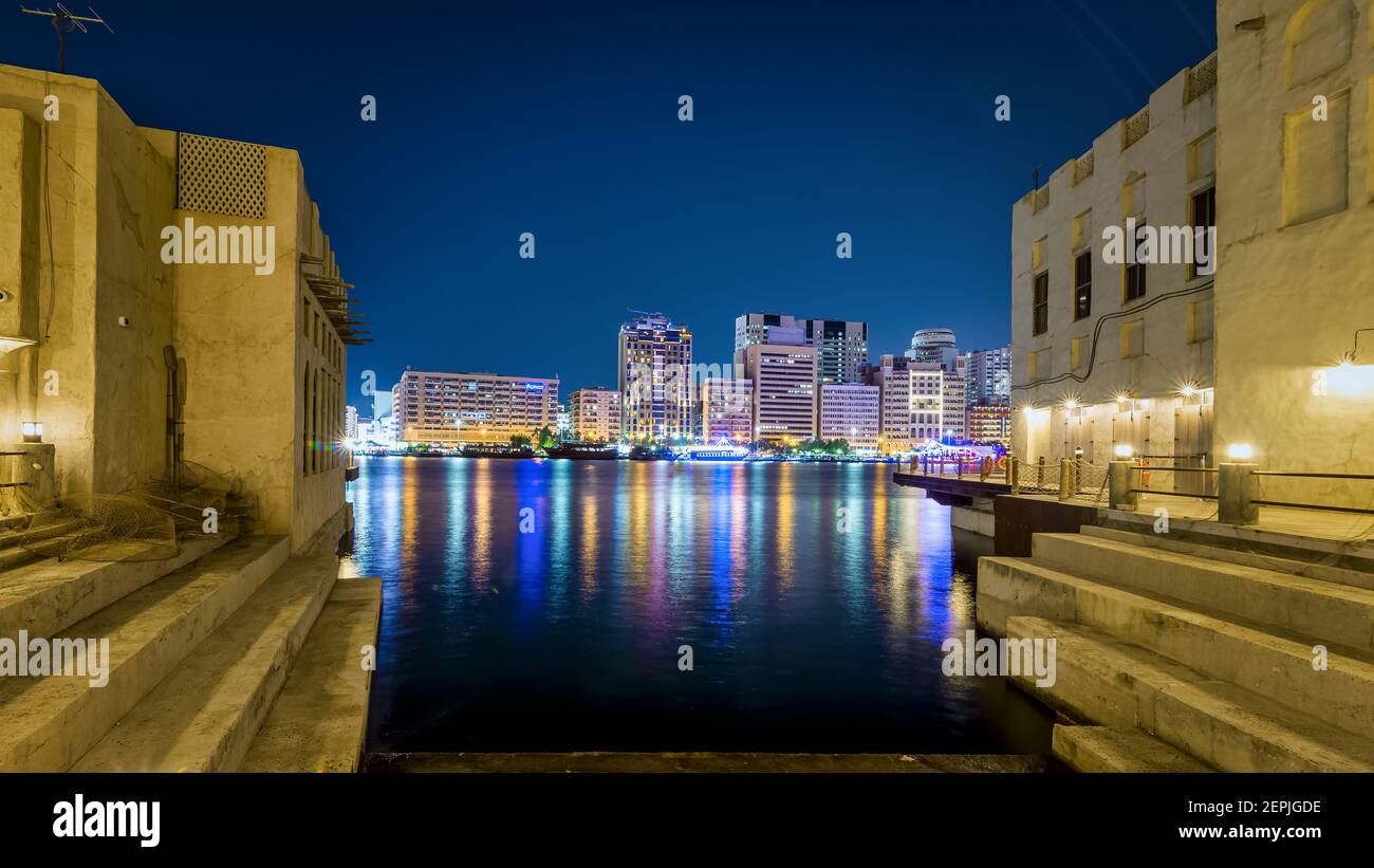 Dubai, UAE, 23 November 2020: Al Seef Dubai Creek at night. Public ...
