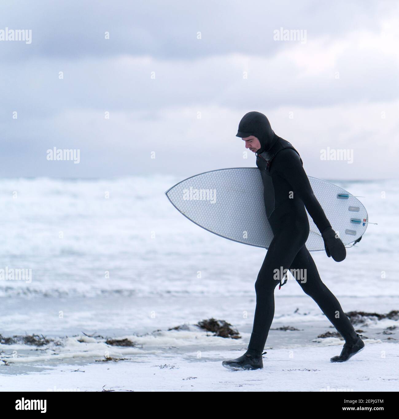 Adventure surfer on winter snow beach Stock Photo - Alamy