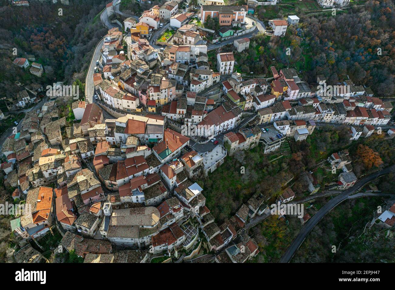 Aerial view of a small mountain village. Prezza, province of l'Aquila ...