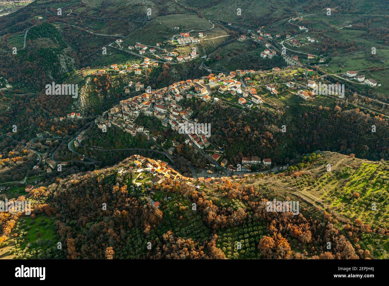 Aerial view of a small mountain village. Prezza, province of l'Aquila ...