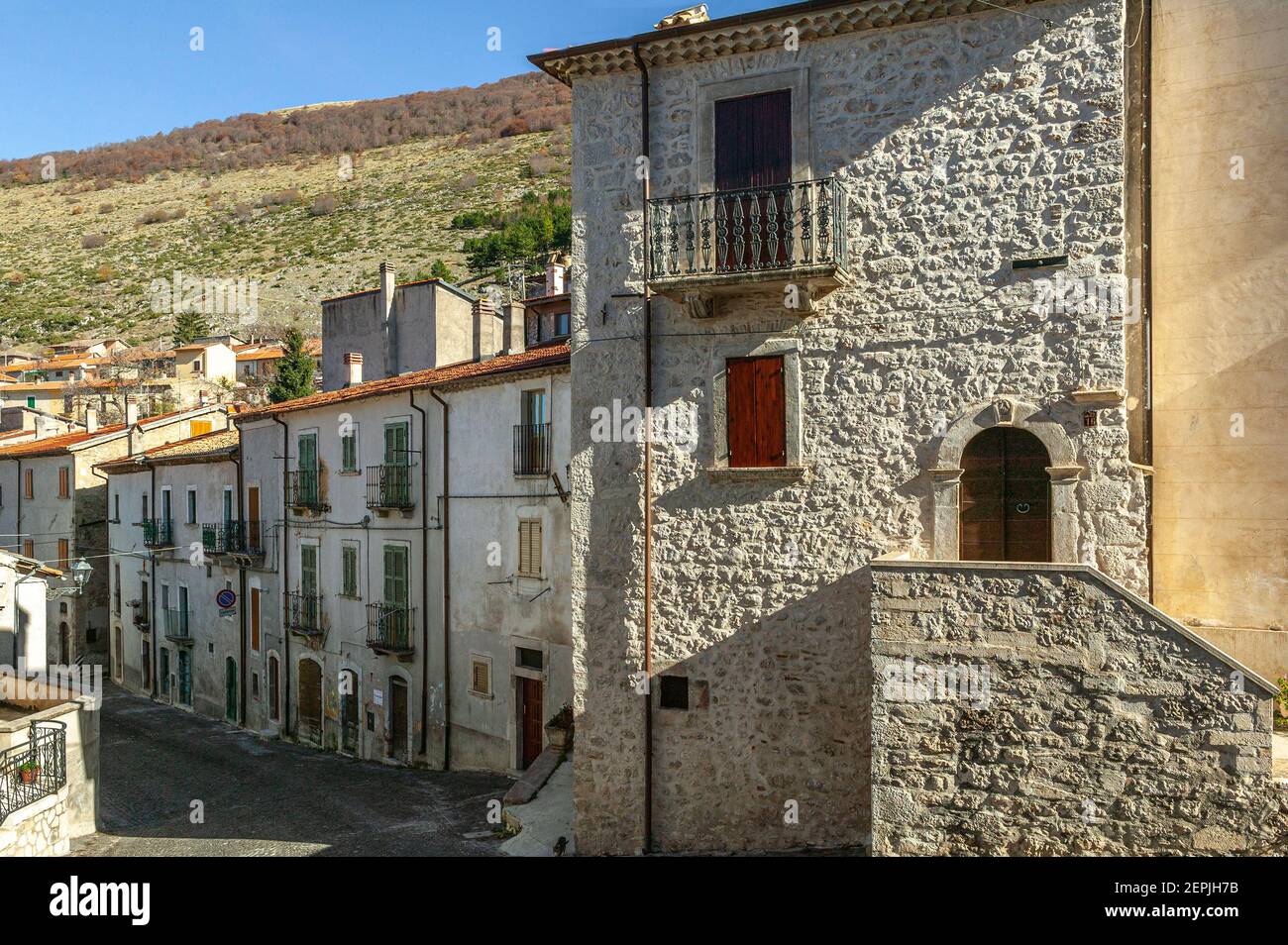 Old houses in the ancient mountain village of San Sebastiano dei Marsi ...