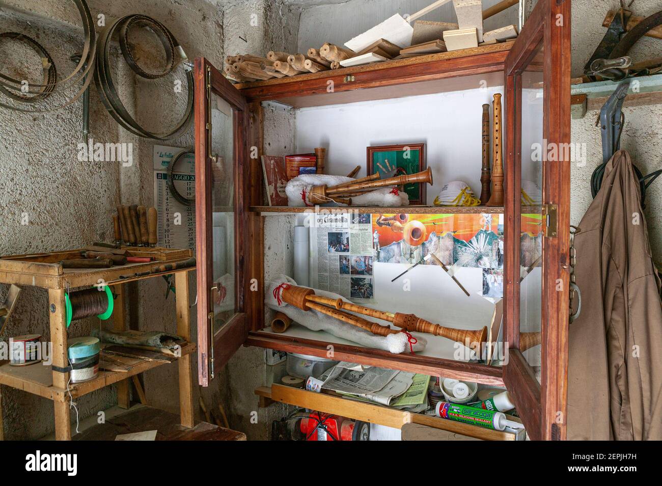 laboratory where bagpipes are built. Scapoli, Isernia province, Molise ...