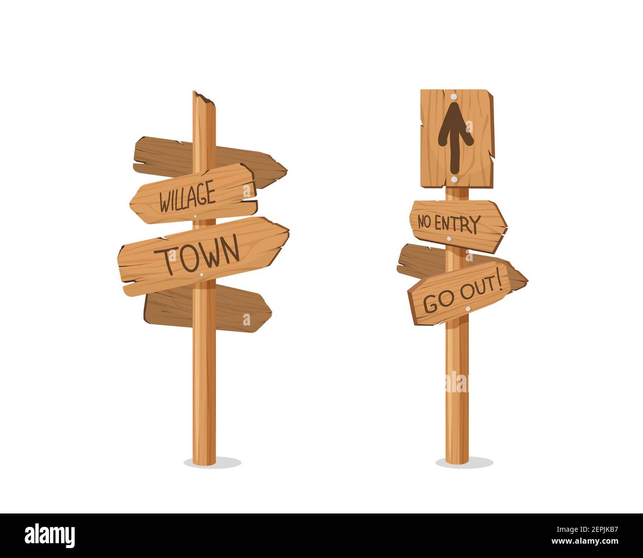 Wooden post hung with retro wooden pointers. Old billboards on stick ...