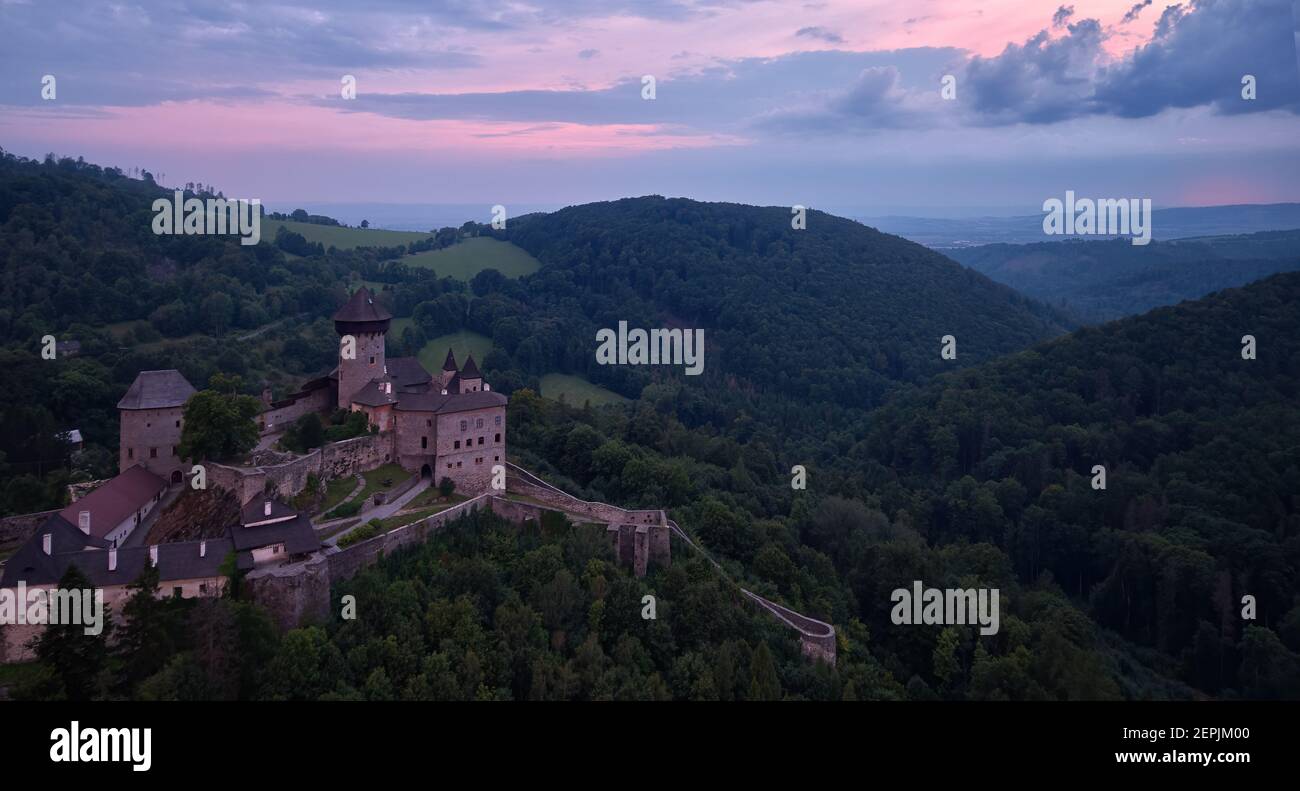 Aerial view on Castle Sovinec, Eulenburg, robust medieval fortress, one ...