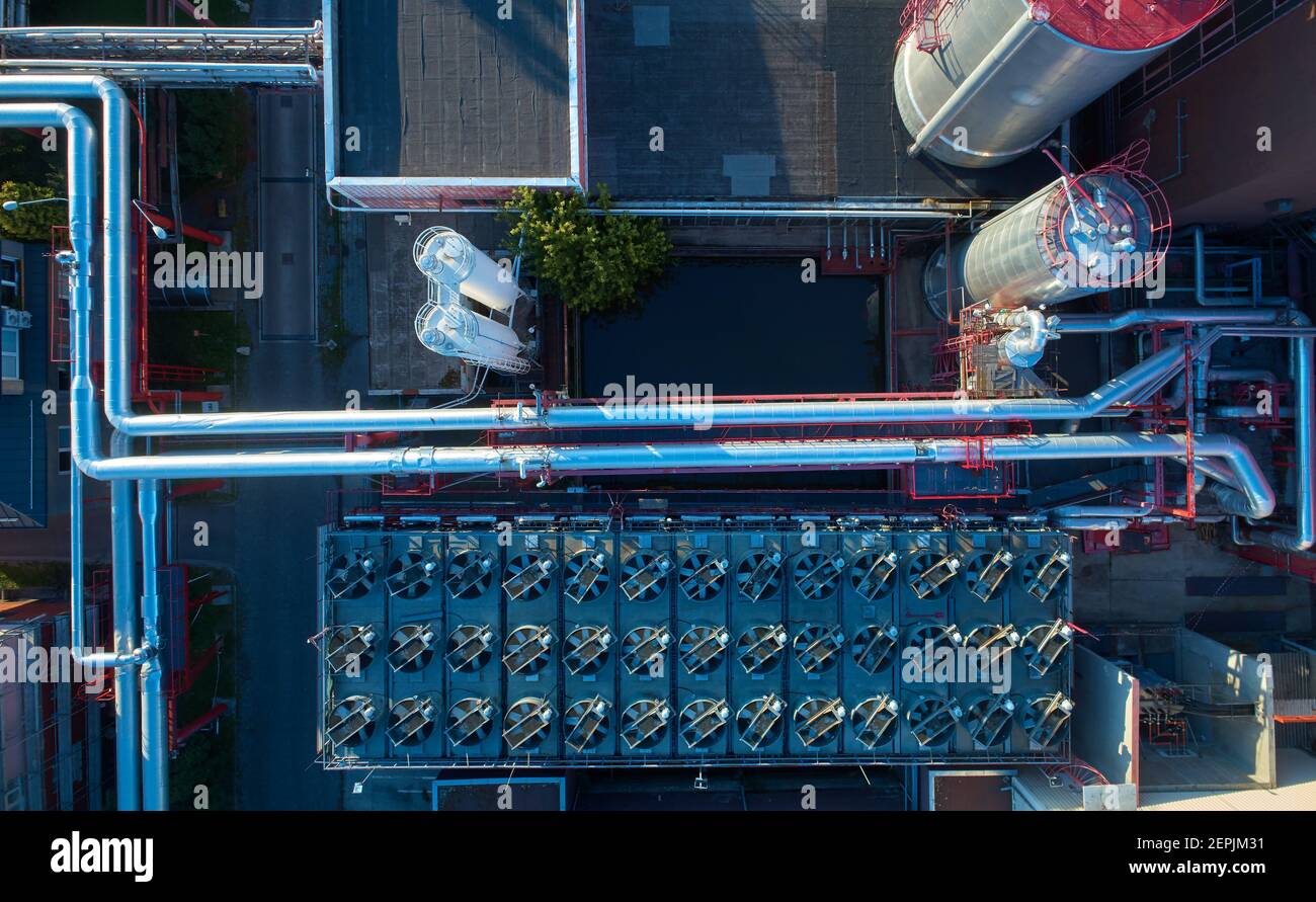 Aerial view of heating plant and its equipment, pipes and coolers ...