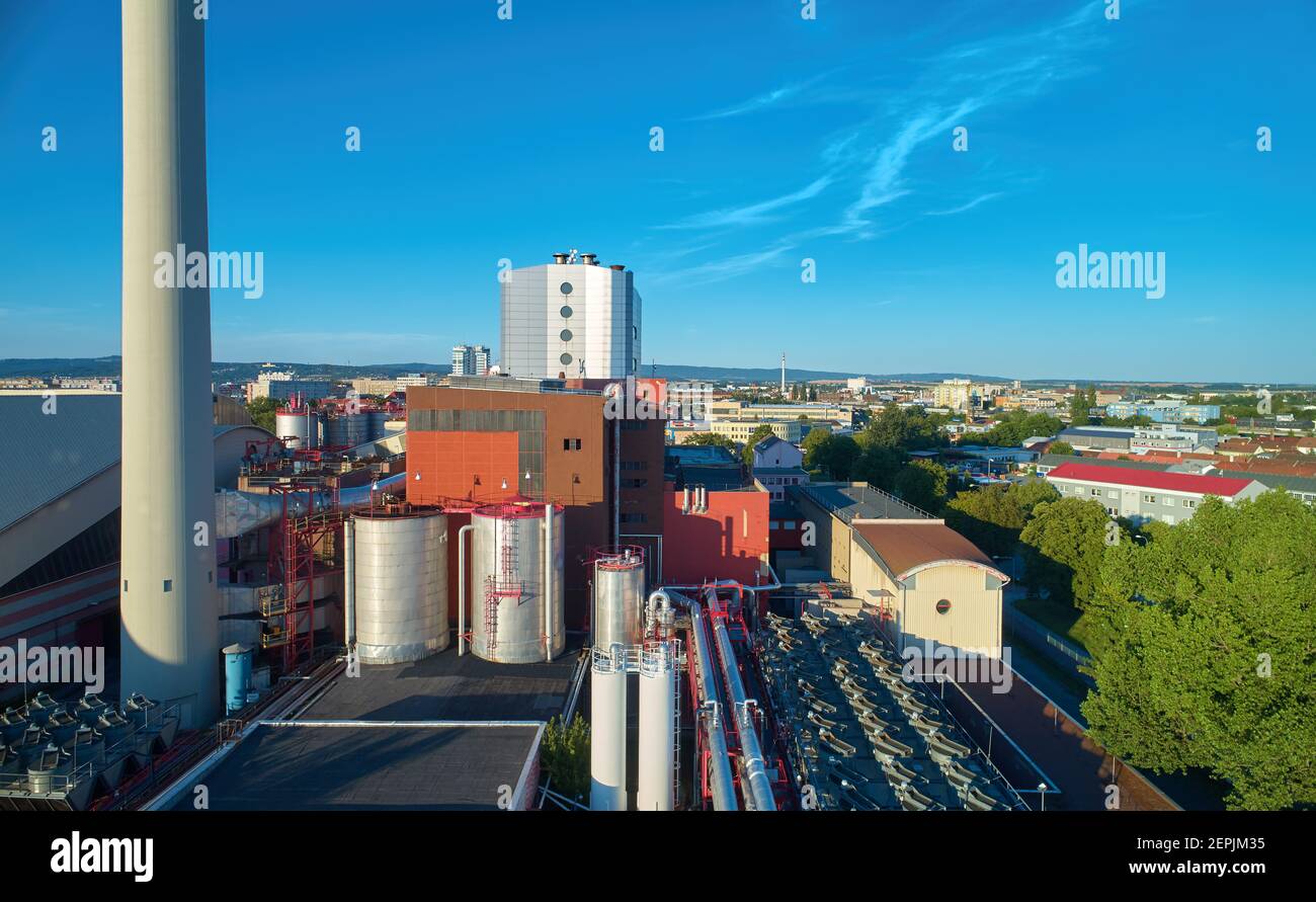 Aerial view of heating plant and its equipment, pipes and coolers ...