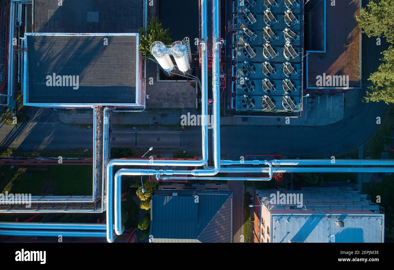 Aerial view of heating plant and its equipment, pipes and coolers ...