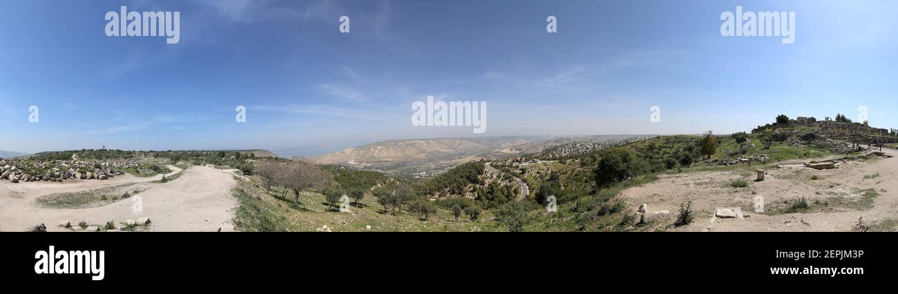 Panoramic views of the Golan Heights and Roman ruins at Umm Qais (Umm ...