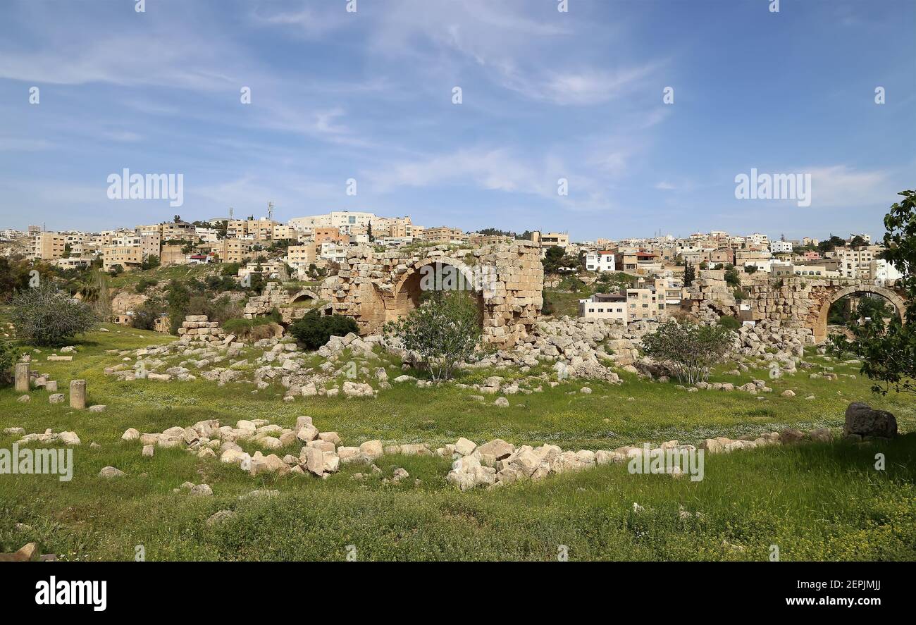 The Roman city of Gerasa and the modern Jerash (in the background Stock ...