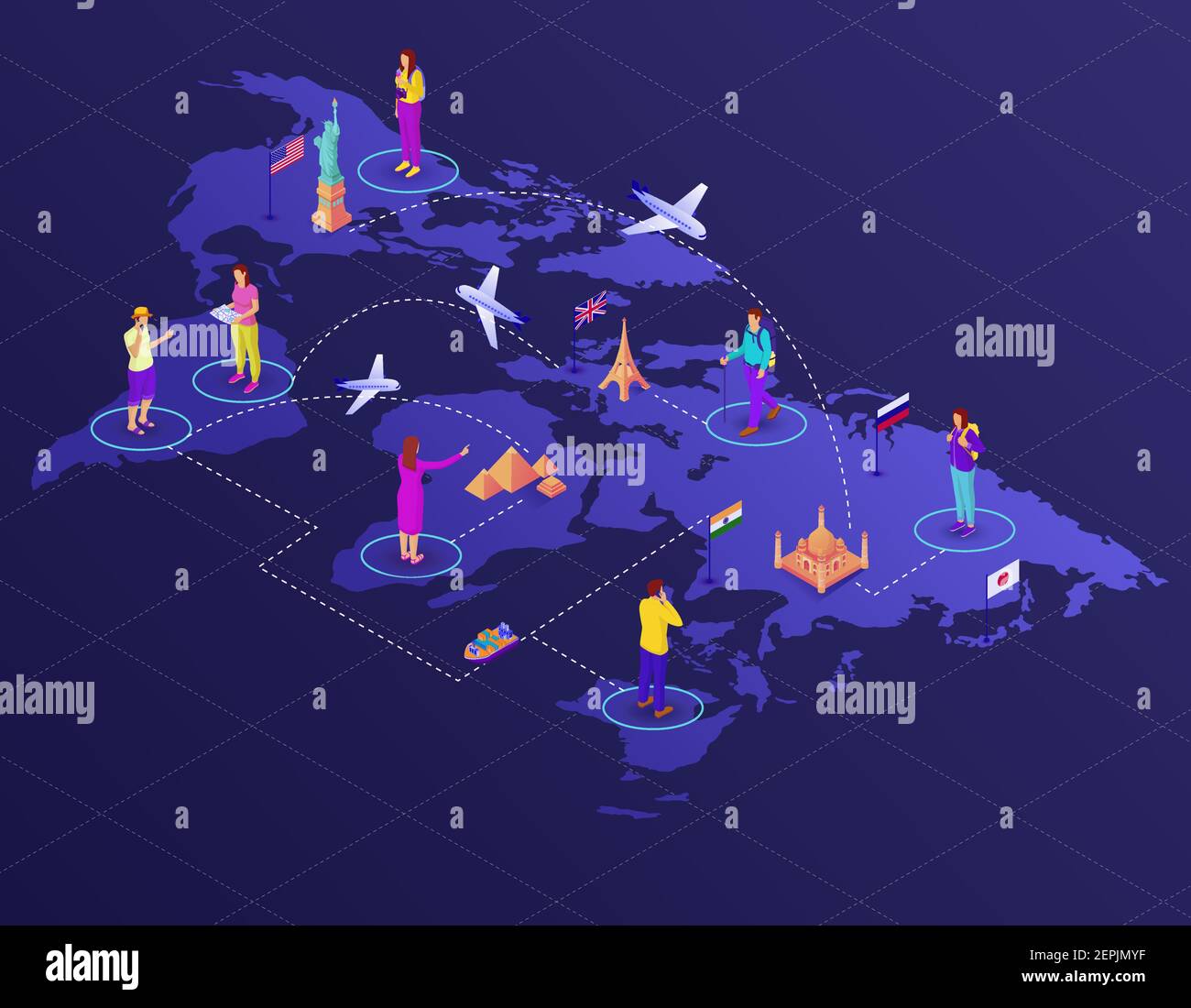 World map with routes and tourists isometric illustration. Travel to ...