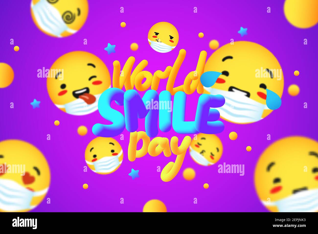 World smile day. Joyful yellow faces in masks make cute grimaces ...