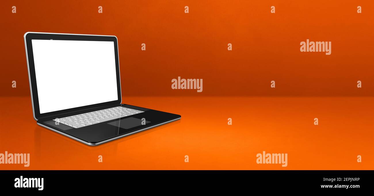 Laptop computer on orange office scene background banner. 3D ...