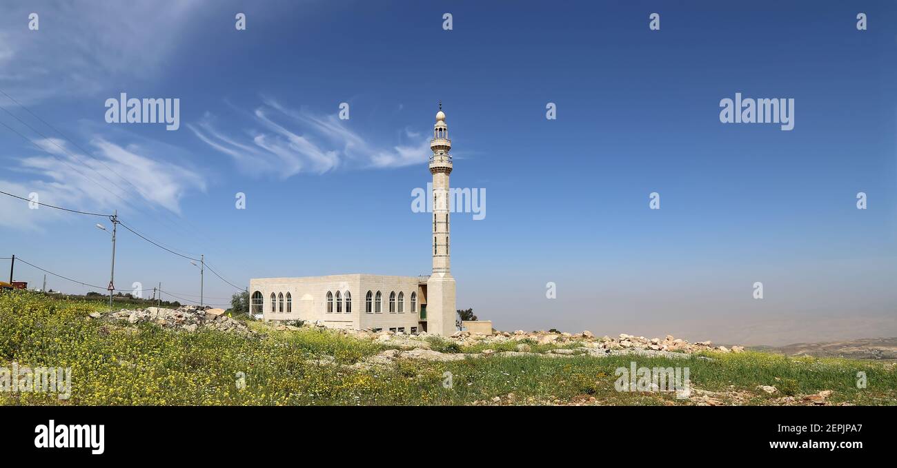 Mosque and desert mountain landscape, Jordan, Middle East Stock Photo ...
