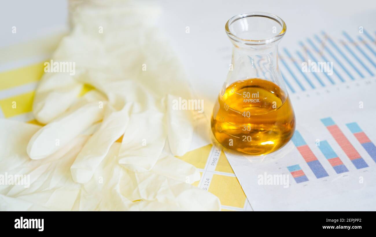 Urine test. Flask with analyzes on medical tables with color ...