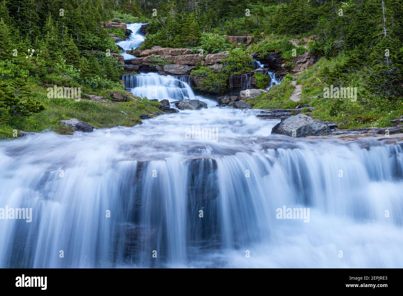 Cascading waterfalls of Lunch Creek along Going to the Sun road near ...