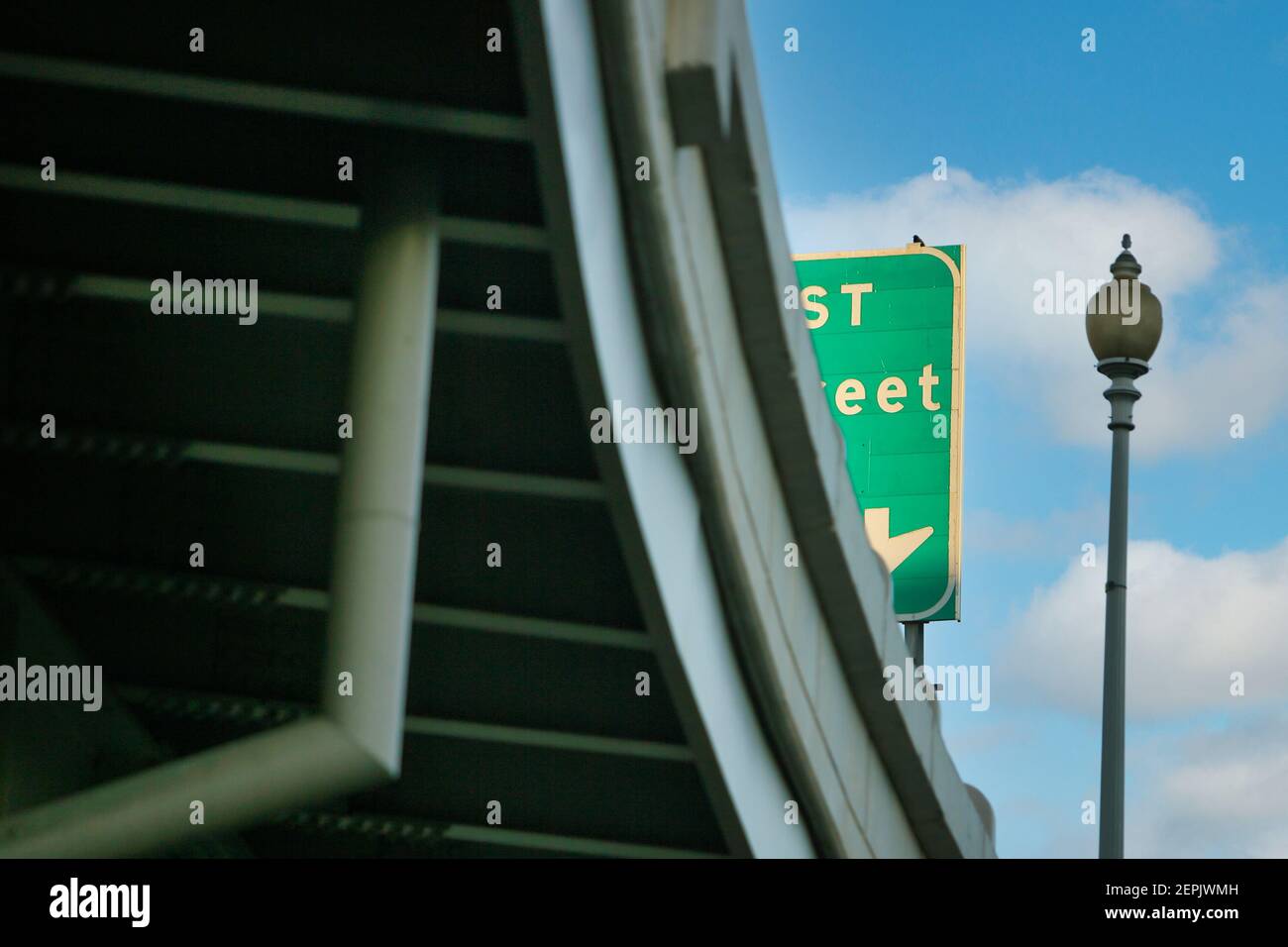 Street direction sign seen from under a highway overpass Stock Photo ...
