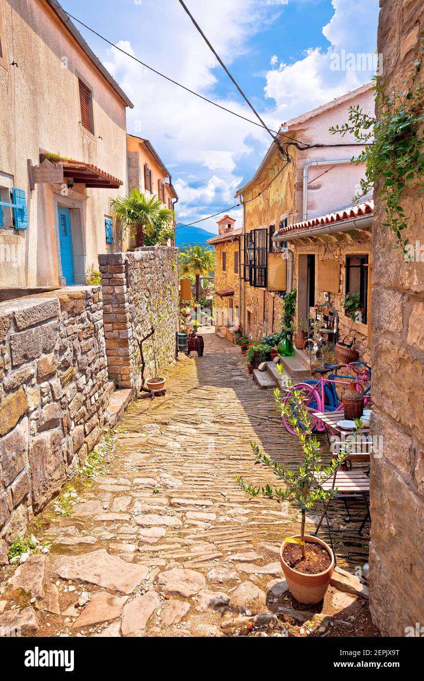 Town of Hum colorful old stone street, Istria region of Croatia Stock ...