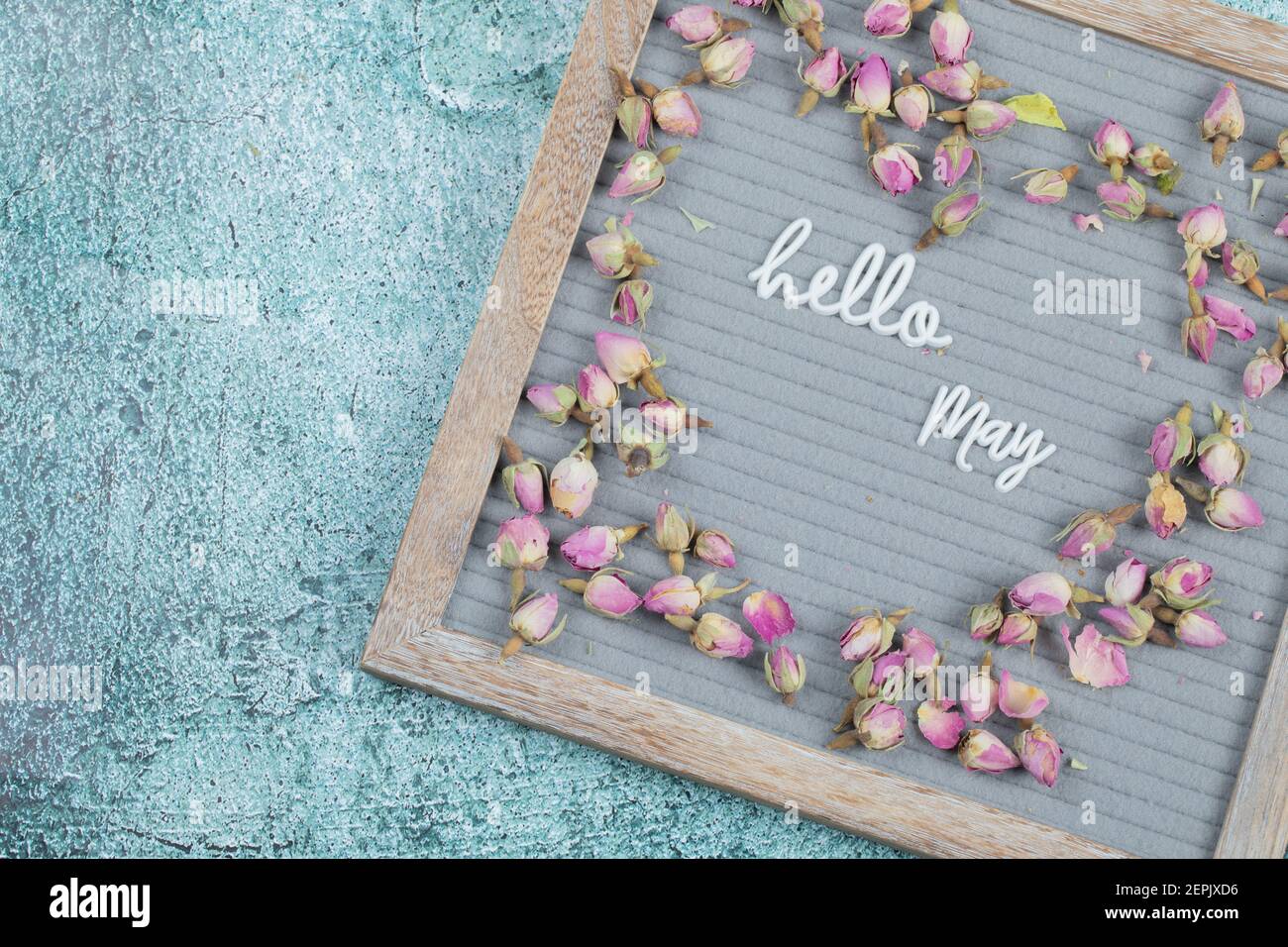 Hello may poster embedded on grey background with flower blossoms ...
