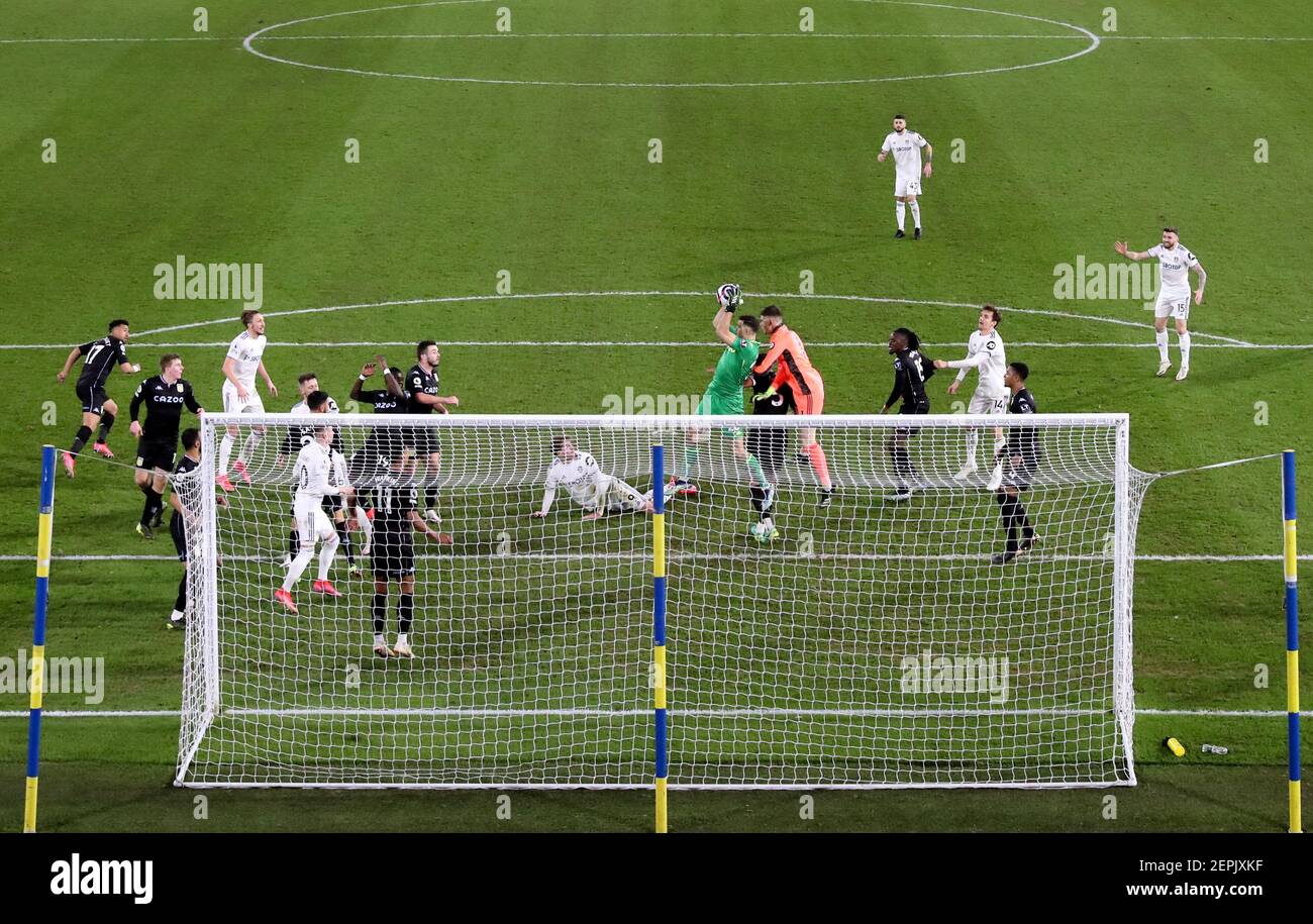 Aston Villa goalkeeper Emiliano Martinez (centre) makes a save during ...