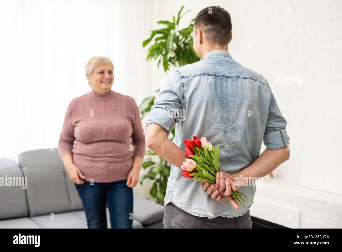 Son giving mother flowers tulips Stock Photo - Alamy