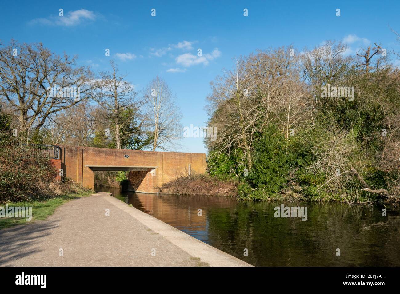 Mytchett Lake Canal Bridge in Surrey, England, UK, on a sunny winter ...